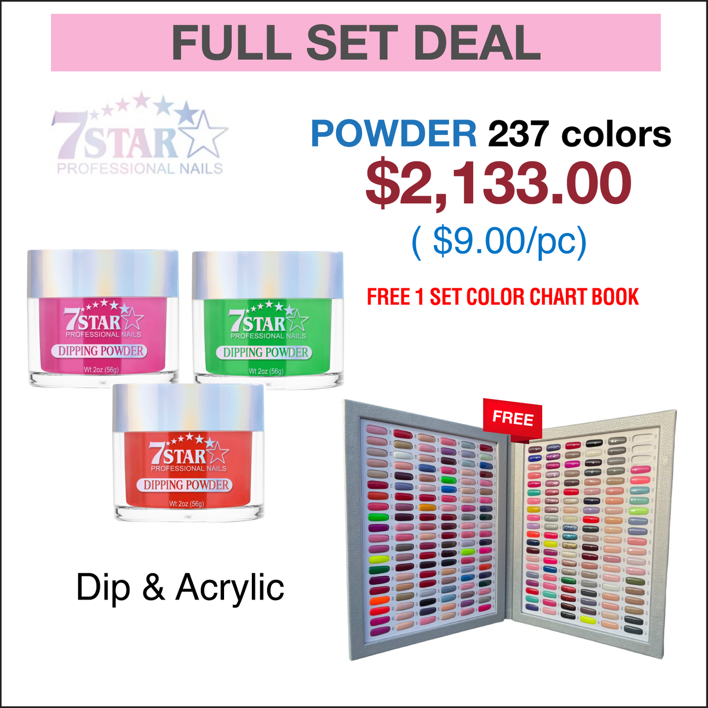 7 Star Dipping Powder 2oz - Full set 237 Colors w/ 1 set Color Chart B ...